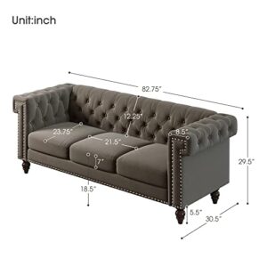 Merax 82.75" Traditional Chesterfield Couch Velvet Button Tufted 3-Seater Sofa with Key Arms,Nailhead for Living Room Bedroom Brown Love Seats