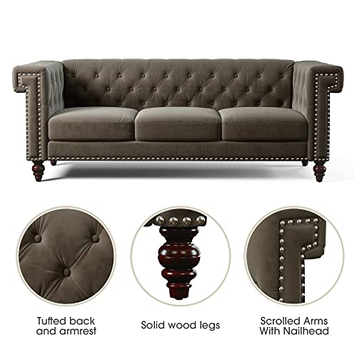 Merax 82.75" Traditional Chesterfield Couch Velvet Button Tufted 3-Seater Sofa with Key Arms,Nailhead for Living Room Bedroom Brown Love Seats