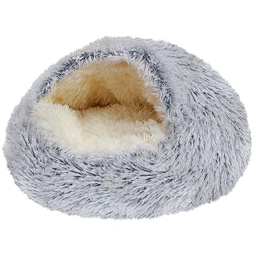 Deblue Soft Cat Beds for Indoor Cats, Round Fluffy Warm Cat Beds with Hooded Cover, Washable Calming Cozy Plush Pet Bed for Anxiety Cats and Puppies - Dia 18"