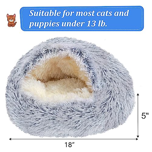 Deblue Soft Cat Beds for Indoor Cats, Round Fluffy Warm Cat Beds with Hooded Cover, Washable Calming Cozy Plush Pet Bed for Anxiety Cats and Puppies - Dia 18"