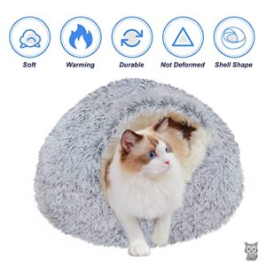 Deblue Soft Cat Beds for Indoor Cats, Round Fluffy Warm Cat Beds with Hooded Cover, Washable Calming Cozy Plush Pet Bed for Anxiety Cats and Puppies - Dia 18"