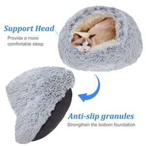 Deblue Soft Cat Beds for Indoor Cats, Round Fluffy Warm Cat Beds with Hooded Cover, Washable Calming Cozy Plush Pet Bed for Anxiety Cats and Puppies - Dia 18"