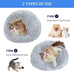 Deblue Soft Cat Beds for Indoor Cats, Round Fluffy Warm Cat Beds with Hooded Cover, Washable Calming Cozy Plush Pet Bed for Anxiety Cats and Puppies - Dia 18"