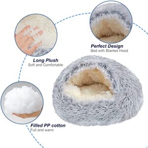 Deblue Soft Cat Beds for Indoor Cats, Round Fluffy Warm Cat Beds with Hooded Cover, Washable Calming Cozy Plush Pet Bed for Anxiety Cats and Puppies - Dia 18"