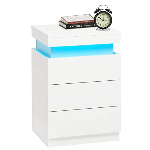 ADORNEVE Nightstand with Charging Station and LED Lights,Night Stand with Sliding Top for Bedroom,Bedside Table with Drawers,Modern End Side Table,White