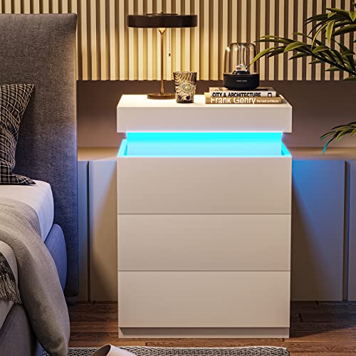 ADORNEVE Nightstand with Charging Station and LED Lights,Night Stand with Sliding Top for Bedroom,Bedside Table with Drawers,Modern End Side Table,White