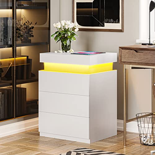 ADORNEVE Nightstand with Charging Station and LED Lights,Night Stand with Sliding Top for Bedroom,Bedside Table with Drawers,Modern End Side Table,White