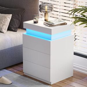 ADORNEVE Nightstand with Charging Station and LED Lights,Night Stand with Sliding Top for Bedroom,Bedside Table with Drawers,Modern End Side Table,White