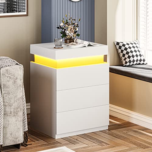 ADORNEVE Nightstand with Charging Station and LED Lights,Night Stand with Sliding Top for Bedroom,Bedside Table with Drawers,Modern End Side Table,White