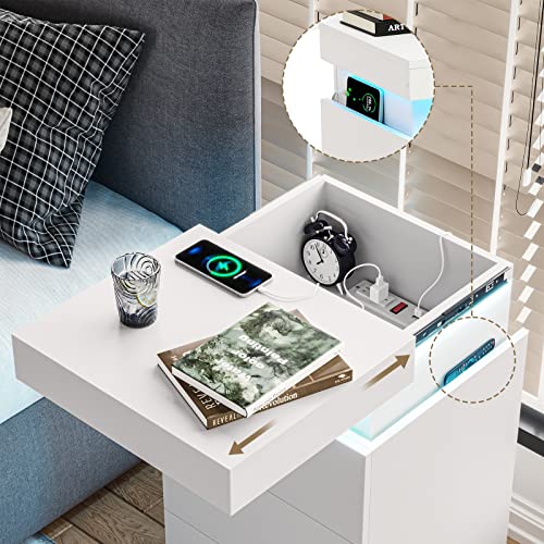 ADORNEVE Nightstand with Charging Station and LED Lights,Night Stand with Sliding Top for Bedroom,Bedside Table with Drawers,Modern End Side Table,White