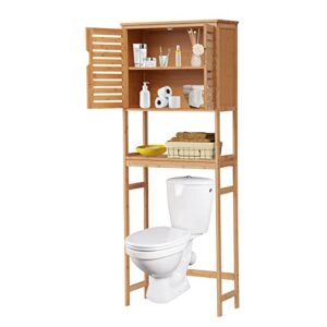 J-SUN-7 Bathroom Over-The-Toilet Storage 3-Tier Bamboo Organizer Multifunctional Cabinet with Adjustable Shelf and 6 Hooks, Space Saver with Door Freestanding Rack for Restroom, Laundry, Natural