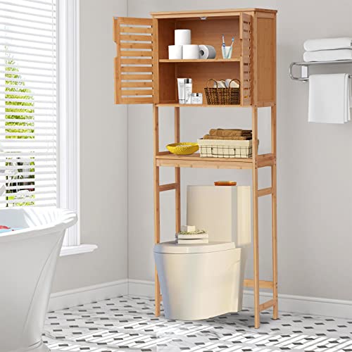 J-SUN-7 Bathroom Over-The-Toilet Storage 3-Tier Bamboo Organizer Multifunctional Cabinet with Adjustable Shelf and 6 Hooks, Space Saver with Door Freestanding Rack for Restroom, Laundry, Natural