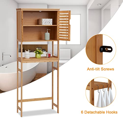 J-SUN-7 Bathroom Over-The-Toilet Storage 3-Tier Bamboo Organizer Multifunctional Cabinet with Adjustable Shelf and 6 Hooks, Space Saver with Door Freestanding Rack for Restroom, Laundry, Natural