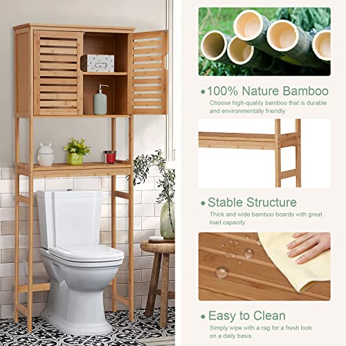 J-SUN-7 Bathroom Over-The-Toilet Storage 3-Tier Bamboo Organizer Multifunctional Cabinet with Adjustable Shelf and 6 Hooks, Space Saver with Door Freestanding Rack for Restroom, Laundry, Natural