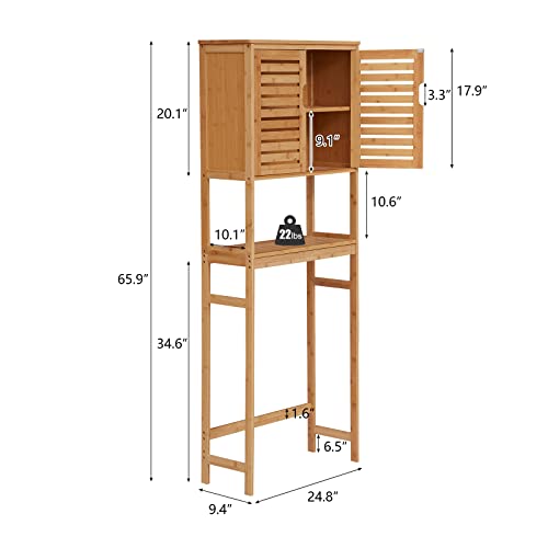 J-SUN-7 Bathroom Over-The-Toilet Storage 3-Tier Bamboo Organizer Multifunctional Cabinet with Adjustable Shelf and 6 Hooks, Space Saver with Door Freestanding Rack for Restroom, Laundry, Natural