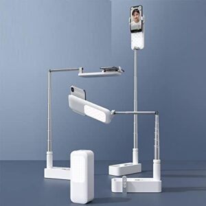 bibabala phone stand for video recording extendable selfie stand 360° rotation with phone holder foldable 7 brightness led light for live streaming photography reading(white)