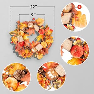 ASTEROUTDOOR 22" Fall Wreath Artificial Wreath, Autumn Maple Leaf Berry Pumpkin Pinecone Harvest Wreath for Front Door Home Decor Thanksgiving Christmas Decorations