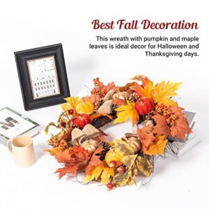 ASTEROUTDOOR 22" Fall Wreath Artificial Wreath, Autumn Maple Leaf Berry Pumpkin Pinecone Harvest Wreath for Front Door Home Decor Thanksgiving Christmas Decorations