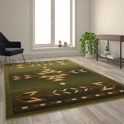 Flash Furniture Lodi Collection Southwestern Area Rug - Low Pile Green Olefin Rug - 6' x 9' Area Rug - Jute Backing - Hallway, Entryway, Bedroom, Living Room