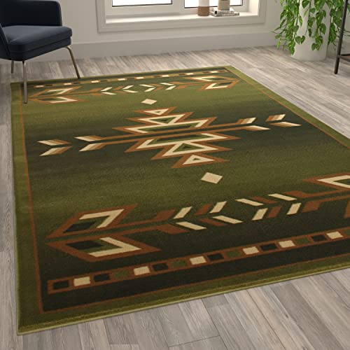 Flash Furniture Lodi Collection Southwestern Area Rug - Low Pile Green Olefin Rug - 6' x 9' Area Rug - Jute Backing - Hallway, Entryway, Bedroom, Living Room