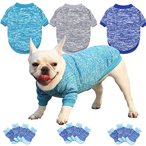 apott Classic Dog Sweater with Socks 3PCS Warm Pet Pullover Stretchy Knitwear Clothes for Small Cat Puppy Chihuahua Sphynx Hairless (XL, Blue+Dark Blue+Grey)