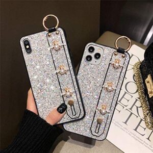 Aowner iPhone 14 Pro Max Case - Glitter Bling Stand, Luxury Hand Strap, Sparkle Pearl Bee Wrist Bracket, Silver