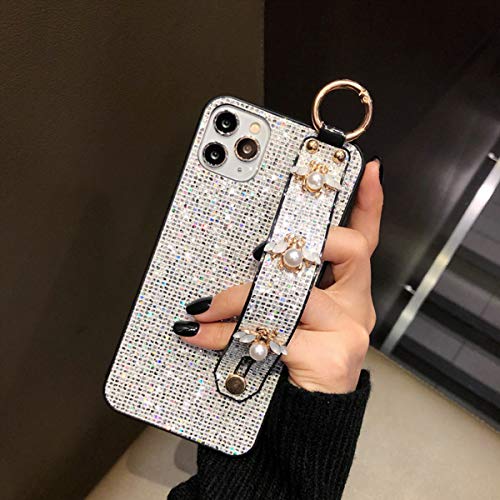 Aowner iPhone 14 Pro Max Case - Glitter Bling Stand, Luxury Hand Strap, Sparkle Pearl Bee Wrist Bracket, Silver