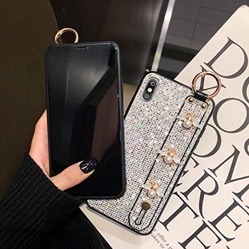 Aowner iPhone 14 Pro Max Case - Glitter Bling Stand, Luxury Hand Strap, Sparkle Pearl Bee Wrist Bracket, Silver