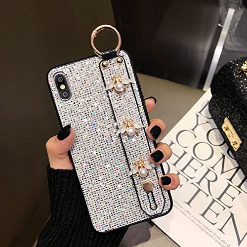 Aowner iPhone 14 Pro Max Case - Glitter Bling Stand, Luxury Hand Strap, Sparkle Pearl Bee Wrist Bracket, Silver