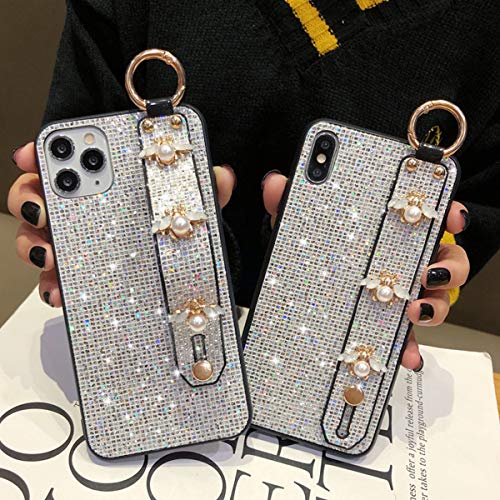 Aowner iPhone 14 Pro Max Case - Glitter Bling Stand, Luxury Hand Strap, Sparkle Pearl Bee Wrist Bracket, Silver