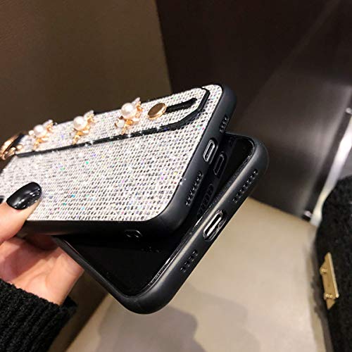 Aowner iPhone 14 Pro Max Case - Glitter Bling Stand, Luxury Hand Strap, Sparkle Pearl Bee Wrist Bracket, Silver