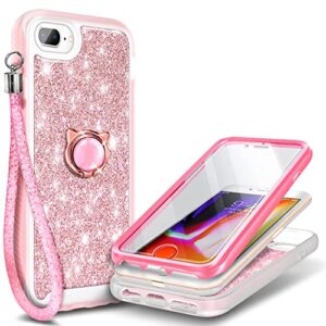 ngb supremacy case for iphone 8 plus, iphone 7 plus /6 plus /6s plus, full body protection [built-in screen protector] ring holder/wrist strap, slim fit shockproof bumper case (glitter rose gold)