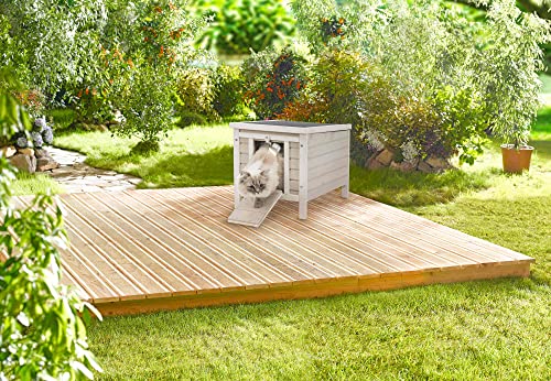 TRIXIE Small Pet House, Wooden Outdoor Shelter, Weatherproof Pet Home, Ideal for Cats, Rabbits, Bunnies, Guinea Pigs, Lt. Gray