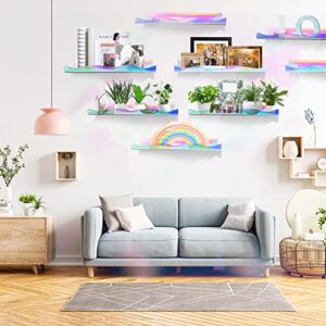 6 Packs Iridescent Clear Acrylic Floating Shelves, DILIBRA 15.7 Inch Large Funko Pop Display Case Picture Ledge Shelf, Acrylic Floating Wall Bookshelf Organizer for Kids Room Bathroom Nursery