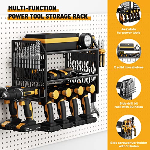 VOPEAK Power Tool Storage Rack with 6 Drill Storage, Pegboard Drill Holder Tool Shelf, Garage Storage Rack for Cordless Drill, Father's Day, Light Black