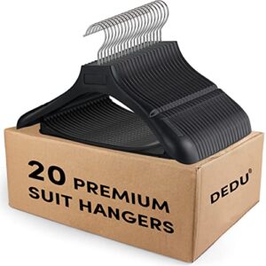 dedu plastic extra wide shoulder suit hangers for men 20 pack width 17.3", black sweater hangers no shoulder bump non slip for thick sweaters, clothes hangers with pants bar 360° swivel metal hook