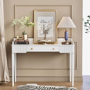 ukorua White Vanity Desk Wooden Desk with Drawer Modern Desk Computer Desk White Makeup Table with Gold Handle (White)