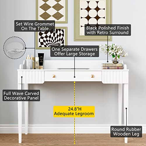 ukorua White Vanity Desk Wooden Desk with Drawer Modern Desk Computer Desk White Makeup Table with Gold Handle (White)