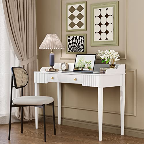 ukorua White Vanity Desk Wooden Desk with Drawer Modern Desk Computer Desk White Makeup Table with Gold Handle (White)