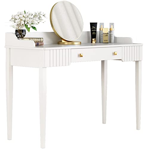 ukorua White Vanity Desk Wooden Desk with Drawer Modern Desk Computer Desk White Makeup Table with Gold Handle (White)