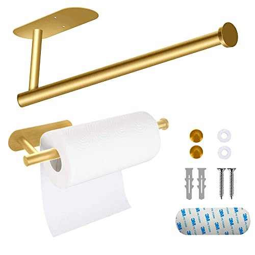 Paper Towel Holder Under Cabinet, Under Cabinet Black Paper Towel Rack,Both Available in Adhesive and Screws,SUS304 Stainless Steel Self-Adhesive Paper Towel Bar,for Kitchen, Pantry, Sink (Gold)