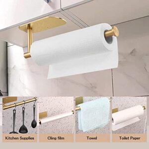 Paper Towel Holder Under Cabinet, Under Cabinet Black Paper Towel Rack,Both Available in Adhesive and Screws,SUS304 Stainless Steel Self-Adhesive Paper Towel Bar,for Kitchen, Pantry, Sink (Gold)