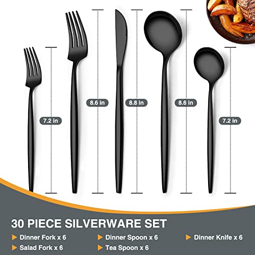 Matte Black Silverware Set 30 Piece, Wildone Stainless Steel Flatware Set Service for 6, Cutlery Utensil Sets for Home Restaurant, Include Knife Fork Spoon Set, Dishwasher Safe