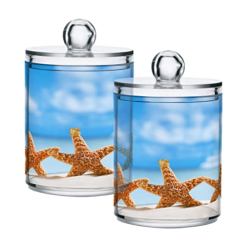 ALAZA Starfish Ocean Blue Sky 2 Pack Qtip Holder Dispenser with Lid 14 Oz Clear Plastic Apothecary Jar Containers Jars Bathroom for Cotton Swab, Ball, Pads, Floss, Vanity Makeup Organizer