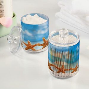 ALAZA Starfish Ocean Blue Sky 2 Pack Qtip Holder Dispenser with Lid 14 Oz Clear Plastic Apothecary Jar Containers Jars Bathroom for Cotton Swab, Ball, Pads, Floss, Vanity Makeup Organizer