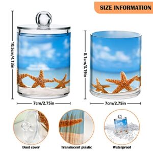 ALAZA Starfish Ocean Blue Sky 2 Pack Qtip Holder Dispenser with Lid 14 Oz Clear Plastic Apothecary Jar Containers Jars Bathroom for Cotton Swab, Ball, Pads, Floss, Vanity Makeup Organizer