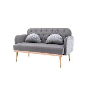 55-inch Small Velvet Sofa with Two Elegant Moon Shape Pillows, Modern Twin Size Accent Sofa Couch with Golden Metal Legs & Tufted Backrest & Delicate Armrests, Loveseat Sofa for Living Room, Grey