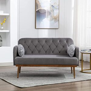 55-inch Small Velvet Sofa with Two Elegant Moon Shape Pillows, Modern Twin Size Accent Sofa Couch with Golden Metal Legs & Tufted Backrest & Delicate Armrests, Loveseat Sofa for Living Room, Grey