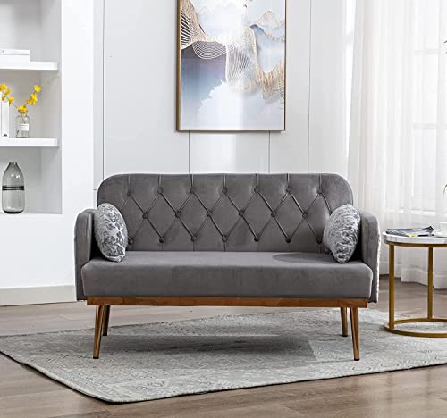 55-inch Small Velvet Sofa with Two Elegant Moon Shape Pillows, Modern Twin Size Accent Sofa Couch with Golden Metal Legs & Tufted Backrest & Delicate Armrests, Loveseat Sofa for Living Room, Grey