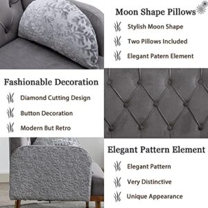 55-inch Small Velvet Sofa with Two Elegant Moon Shape Pillows, Modern Twin Size Accent Sofa Couch with Golden Metal Legs & Tufted Backrest & Delicate Armrests, Loveseat Sofa for Living Room, Grey